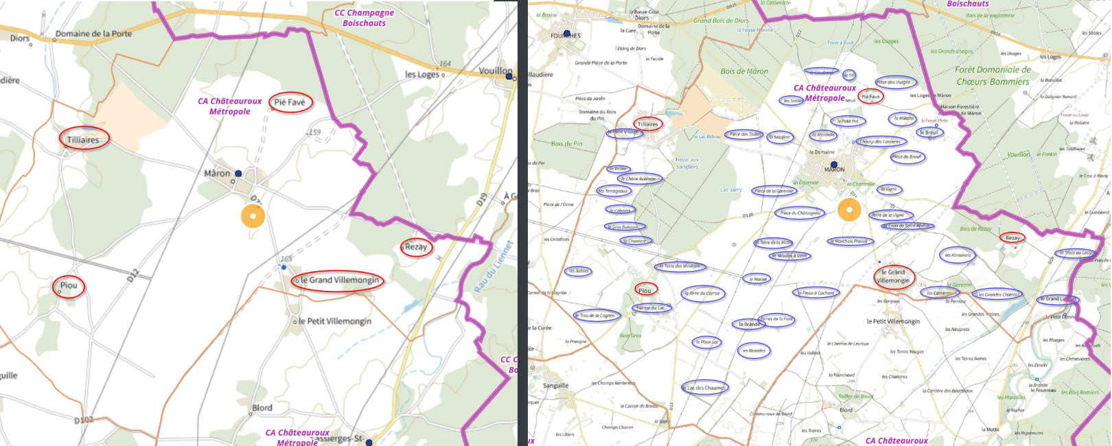 Géoportail, zoom sur une commune avec les lieux-dits principaux, en ...